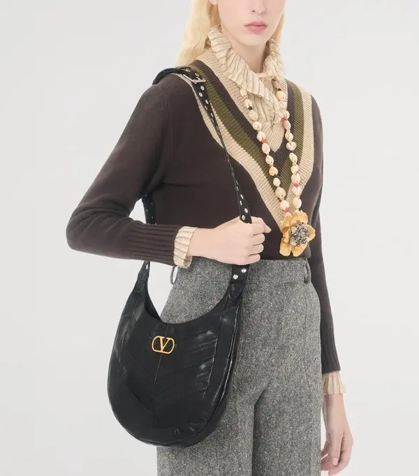 Valentino Garavani Small Leather Hobo Shoulder Bag - Black