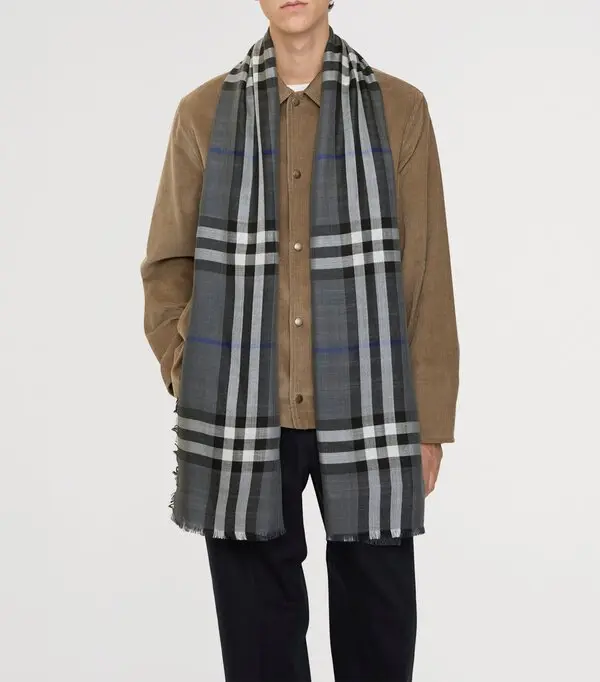 Burberry Wool-silk Reversible Check Scarf - Grey