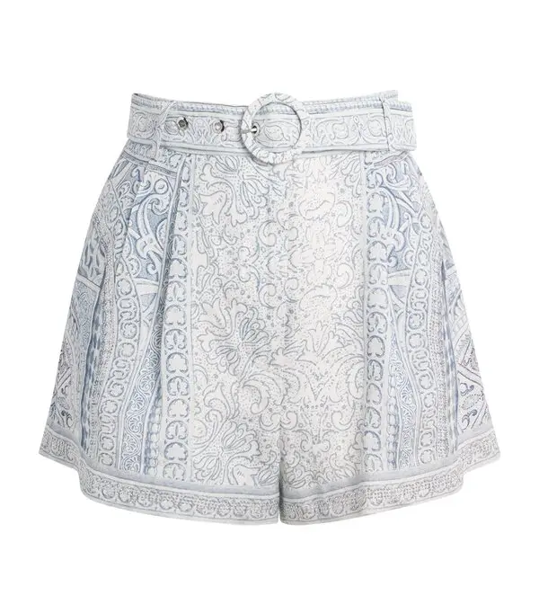 Camilla Linen Printed Belted Shorts - Blue