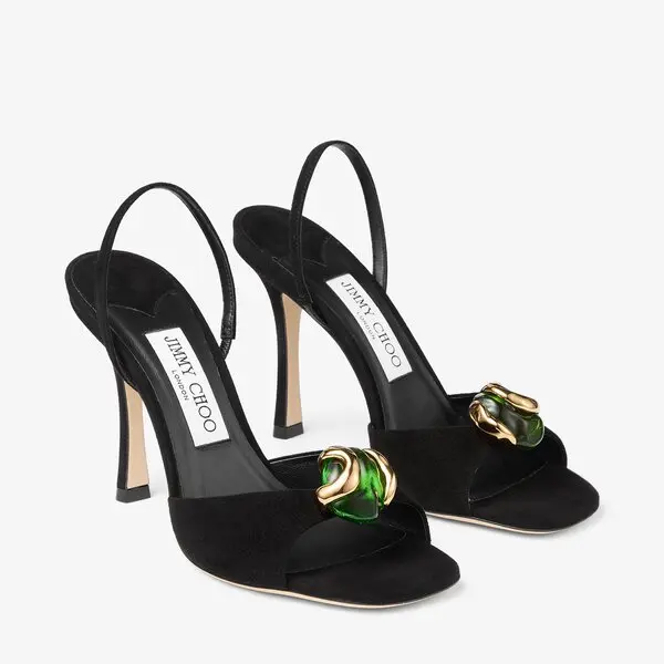 JIMMY CHOO Emani 100 Suede Sandals - Black/clover