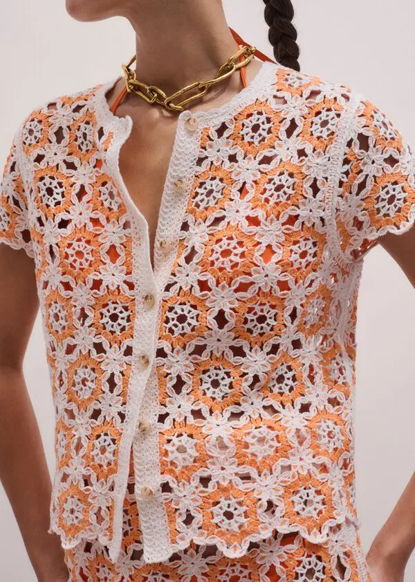 ME+EM Floral Crochet Beach Button Through Baby Tee Sunny Orange-multi - Sunny Orange Multi