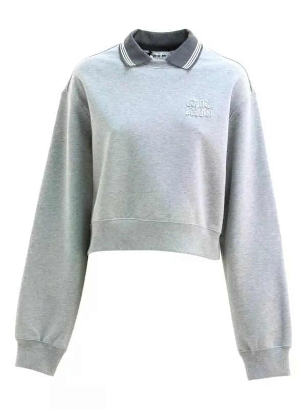 Miu Miu Ribbed-collar Embroidered Sweatshirt - Grey