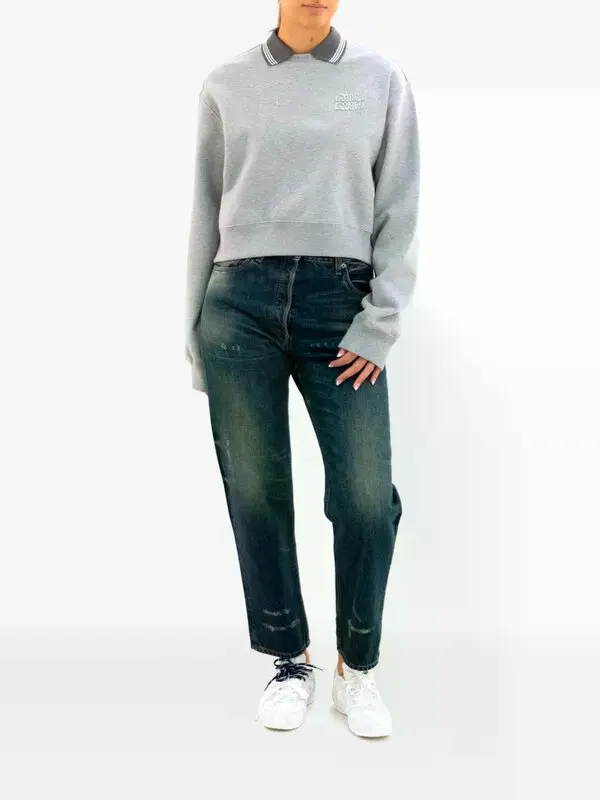 Miu Miu Ribbed-collar Embroidered Sweatshirt - Grey