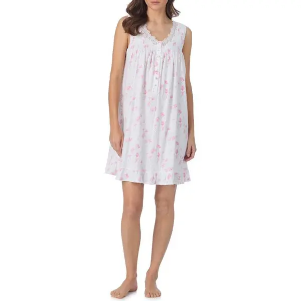 Eileen West Floral Print Cotton Pointelle Chemise - Wht/pink