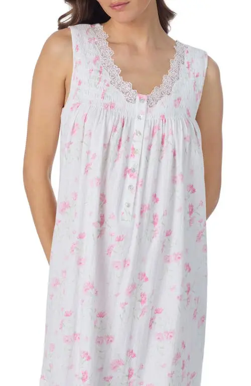 Eileen West Floral Print Cotton Pointelle Chemise - Wht/pink