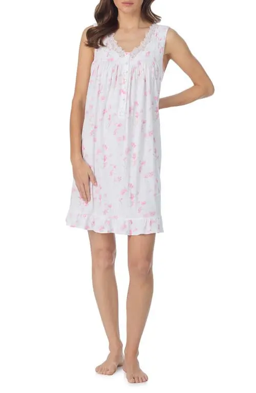 Eileen West Floral Print Cotton Pointelle Chemise - Wht/pink