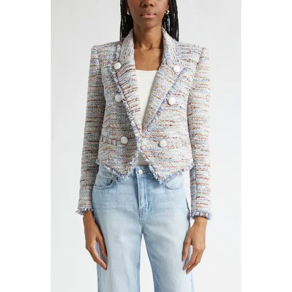 L'Agence Marv Boxy Tweed Jacket - Blue/beige Tweed