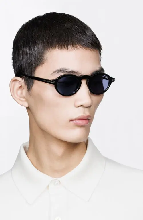 TOM FORD 48mm Oval Sunglasses - Shiny Black/blue Lens