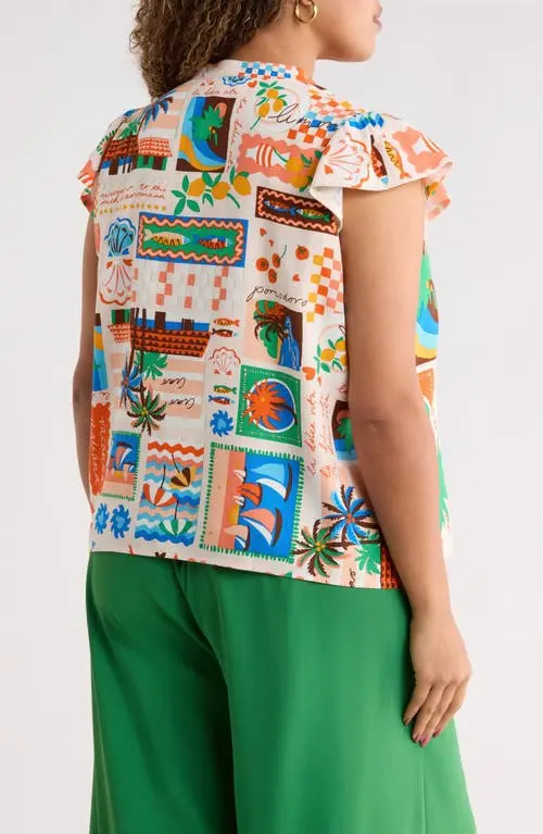 SUGARLIPS Palm Print Ruffle Cap Sleeve Blouse