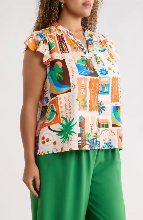 SUGARLIPS Palm Print Ruffle Cap Sleeve Blouse