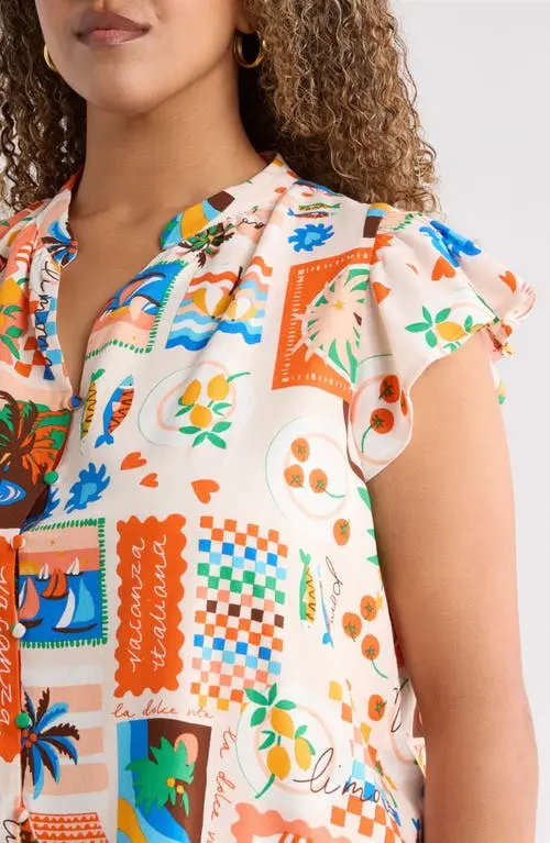 SUGARLIPS Palm Print Ruffle Cap Sleeve Blouse