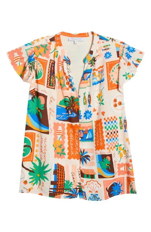 SUGARLIPS Palm Print Ruffle Cap Sleeve Blouse