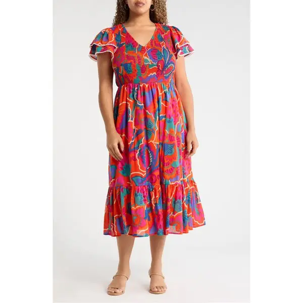 SUGARLIPS Ranchero Sunfire Floral Tiered Midi Dress - Red-multi