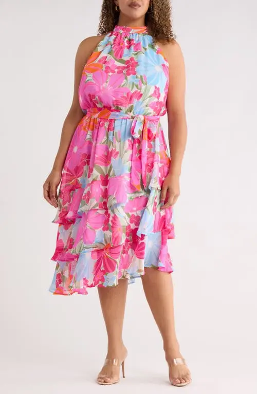 SUGARLIPS Calista Floral Ivone Ruffle Midi Dress - Pink-blue-multi