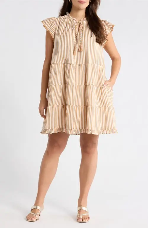 SUGARLIPS Dream State Striped Yodi Cotton Shift Minidress - Taupe-multi