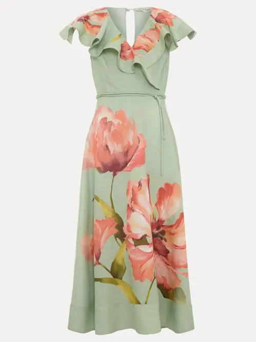 PHASE EIGHT Floral V-neck Ruffle Dress - Green