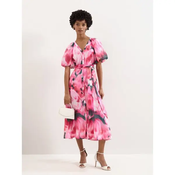 PHASE EIGHT Caterina Puff Sleeve V-neck Shirt Dress - Pink