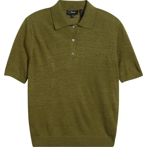 Theory Semisheer Linen Blend Polo - Forest Moss