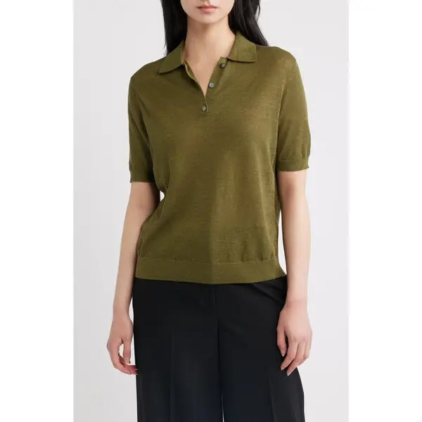 Theory Semisheer Linen Blend Polo - Forest Moss