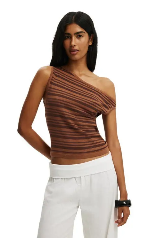 COTTON ON S/less Off Shoulder Knit - Neutral Stripe