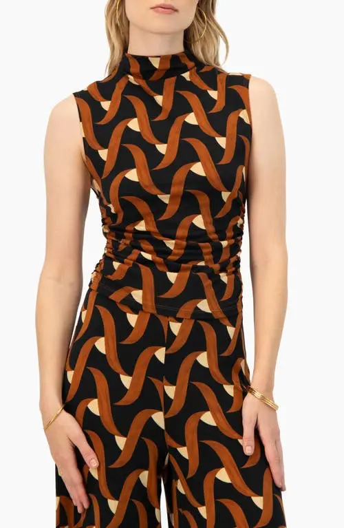 IVONNE Patterned Ruched High Neck Blouse - Multi-brown