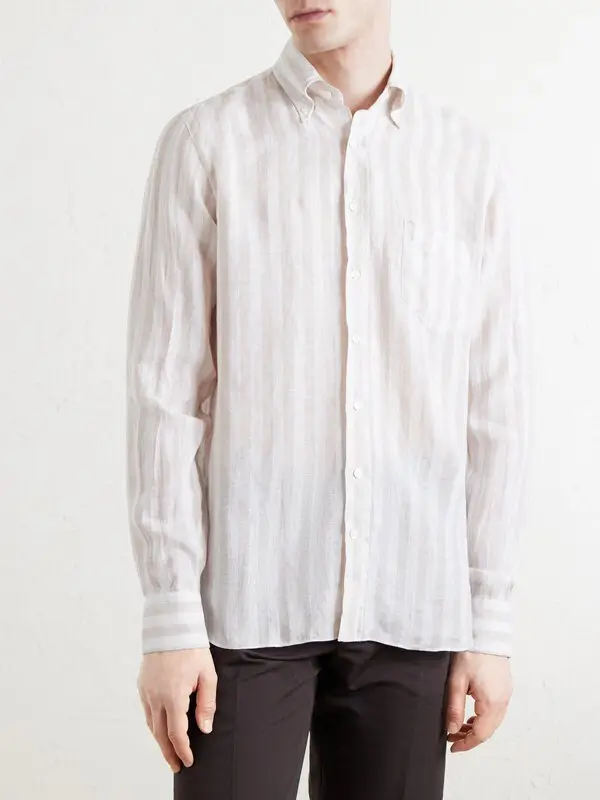 J. MUESER Button-down Collar Striped Linen Shirt - Brown