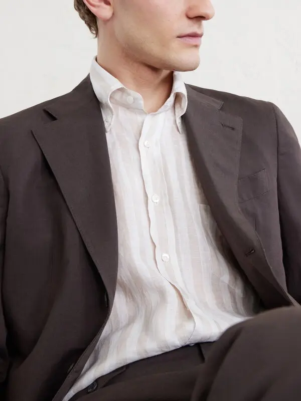 J. MUESER Button-down Collar Striped Linen Shirt - Brown