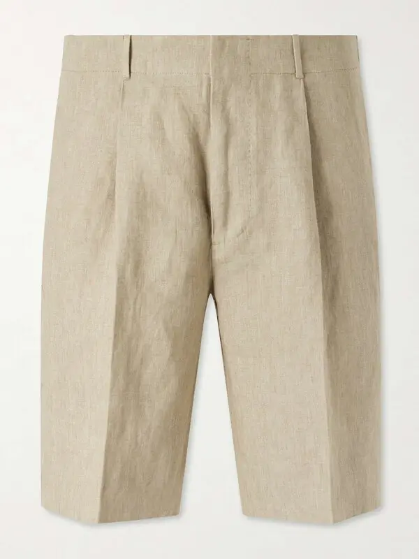 SLOWEAR Straight-leg Pleated Linen Shorts - Beige