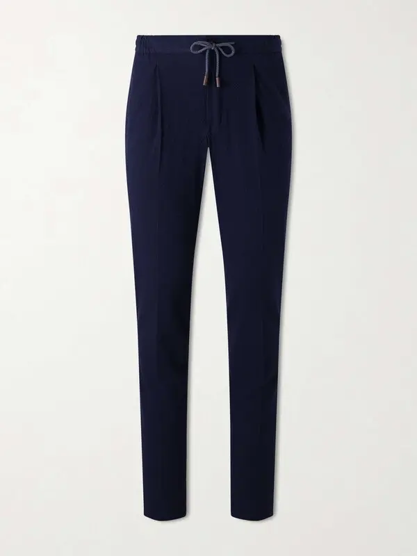SLOWEAR Tapered Cotton-blend Seersucker Trousers - Navy