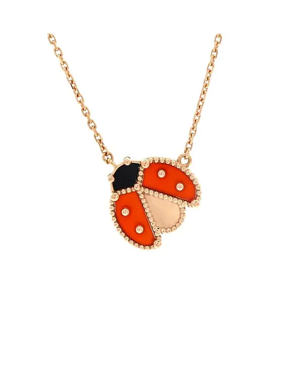 VAN CLEEF & ARPELS Lucky Spring Open Wings Ladybug Pendant Necklace 18k Rose Gold With Carnelian And Onyx, 16.5 - Pink