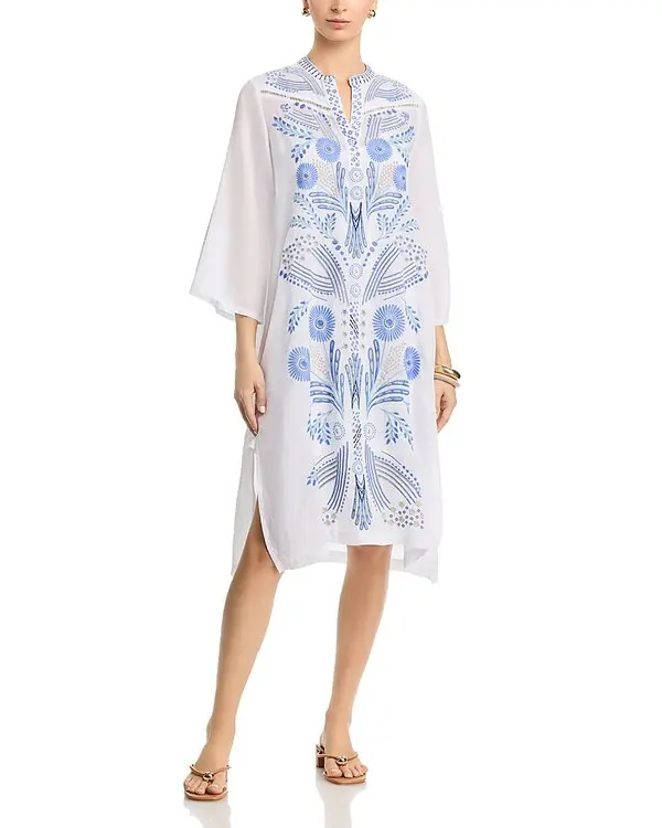 Johnny Was Western Trim Henley Dress - White