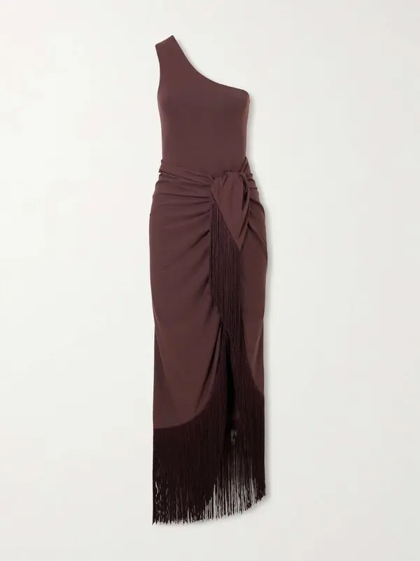 TALLER MARMO Rhodes One-shoulder Swimsuit And Fringed Pareo Set - Brown