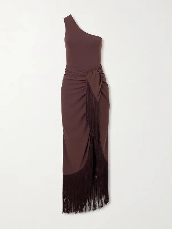 TALLER MARMO Rhodes One-shoulder Swimsuit With Fringed Pareo Set - Brown