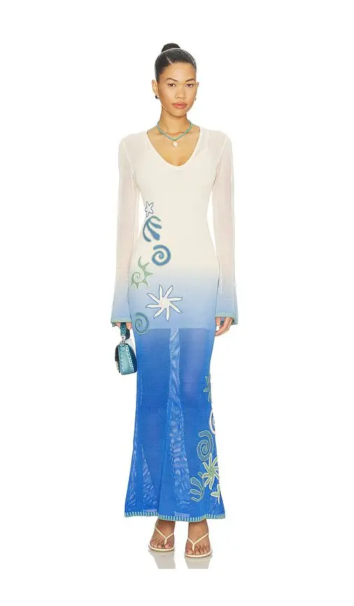 THE WOLF GANG Malaga Maxi Dress In White,blue - Marine