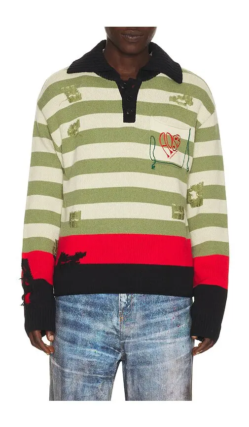 Andersson Bell Stripe Damaged Polo Sweater In Green - Multi
