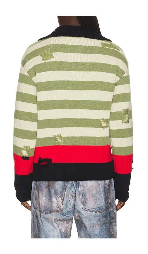 Andersson Bell Stripe Damaged Polo Sweater In Green - Multi