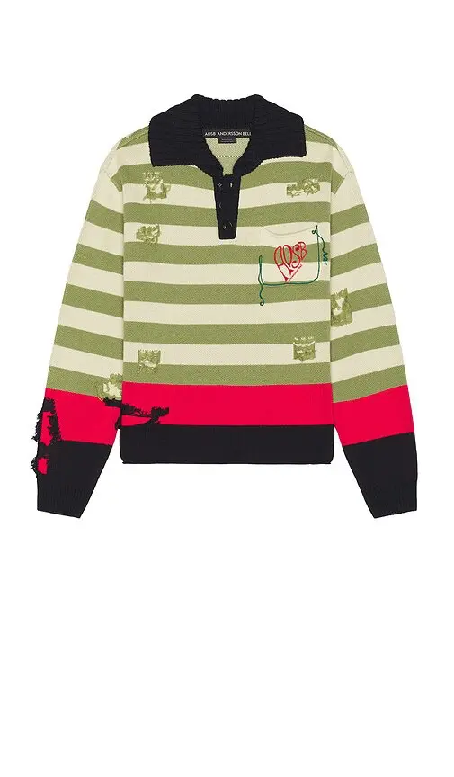 Andersson Bell Stripe Damaged Polo Sweater In Green - Multi