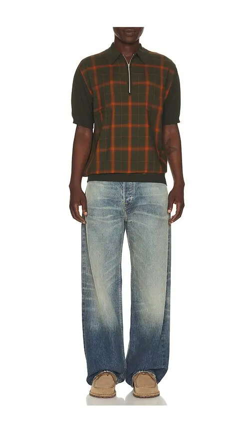 BEAMS Half Zip Panel Polo Ombre Plaid