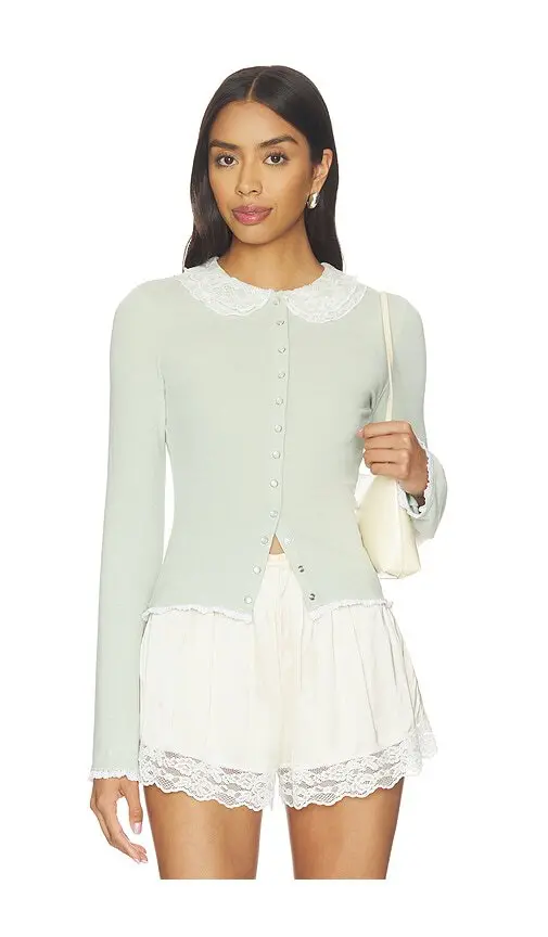 FAIT PAR FOUTCH Edith Cardigan With Lace Trim - Sage