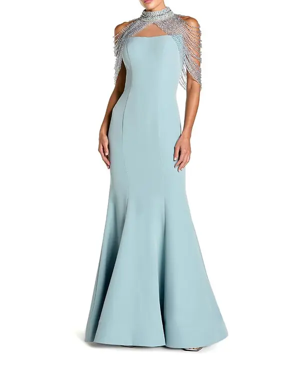 Mac Duggal Crepe Mermaid Gown With Beaded Shawl - French Blue