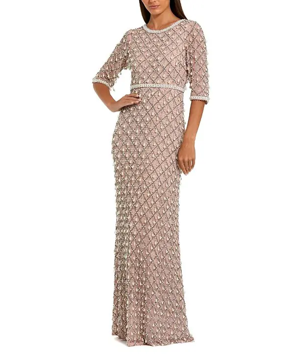 Mac Duggal Pearl & Crystal Embellished Evening Gown - Light Rose