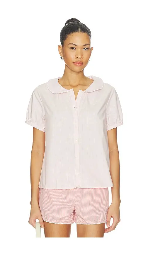 RAT BOI Puff Sleeve Button Down In Pink - Blush Stripe