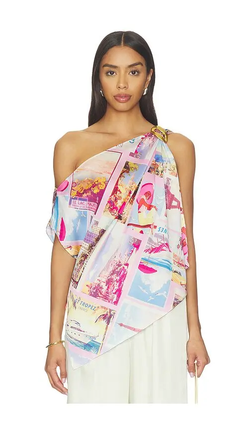 L'Agence Driselle Scarf Top - Light Pink Multi Small Postcard Print