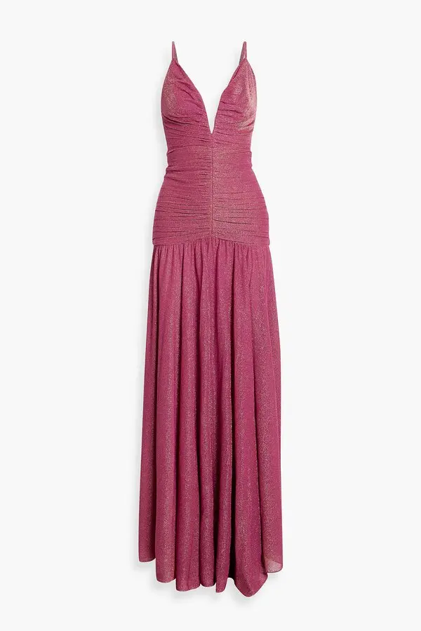 PatBO Ruched Metallic Stretch-mesh Maxi Dress - Magenta
