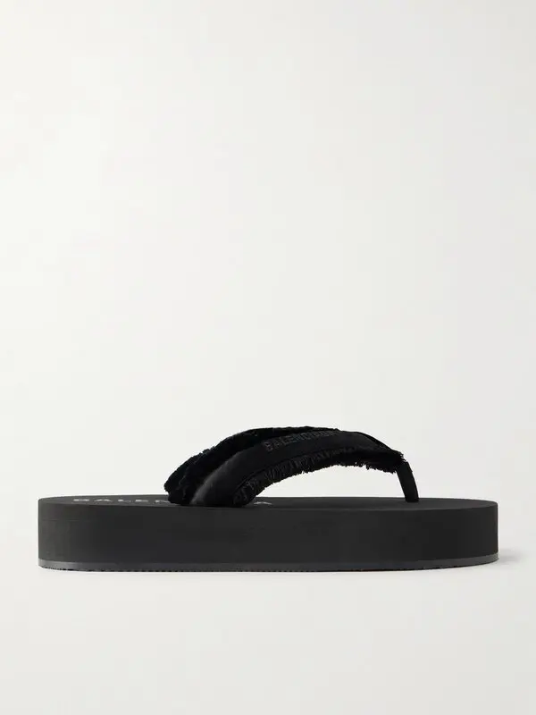 Balenciaga Jet Lag Frayed Satin Thong Sandals - Black