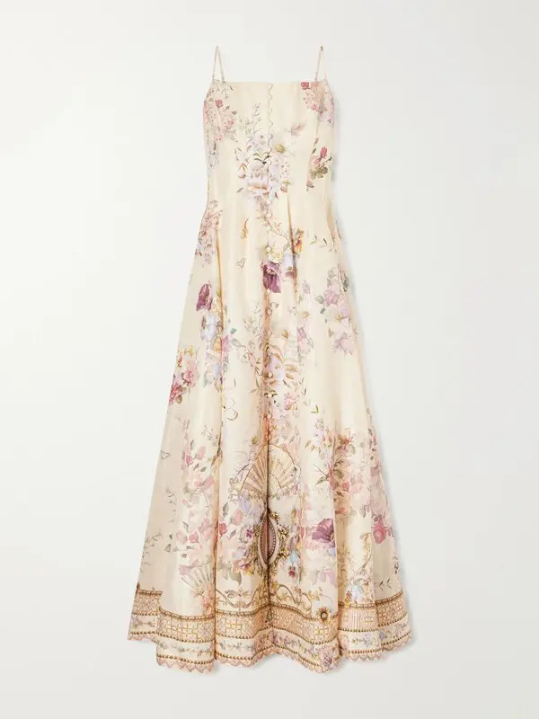 Camilla Crystal-embellished Printed Linen And Silk-blend Midi Dress - Neutrals