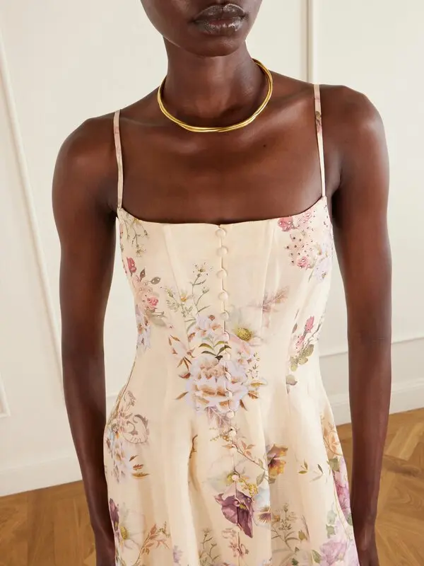 Camilla Crystal-embellished Printed Linen And Silk-blend Midi Dress - Neutrals