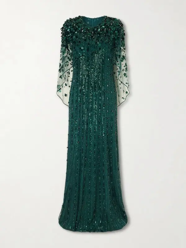 Jenny Packham Nettie Embellished Sequined Tulle Gown - Green