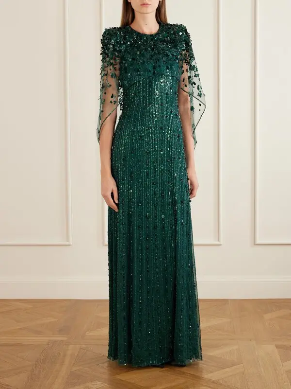Jenny Packham Nettie Embellished Sequined Tulle Gown - Green