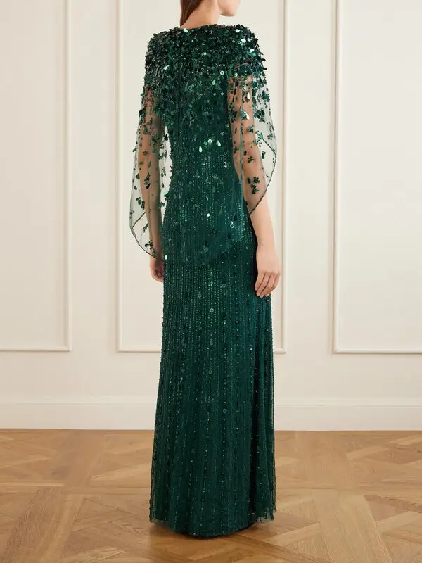 Jenny Packham Nettie Embellished Sequined Tulle Gown - Green